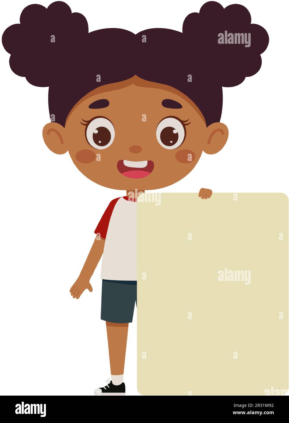 Cute little kid girl with empty blank paper. Cartoon child character ...