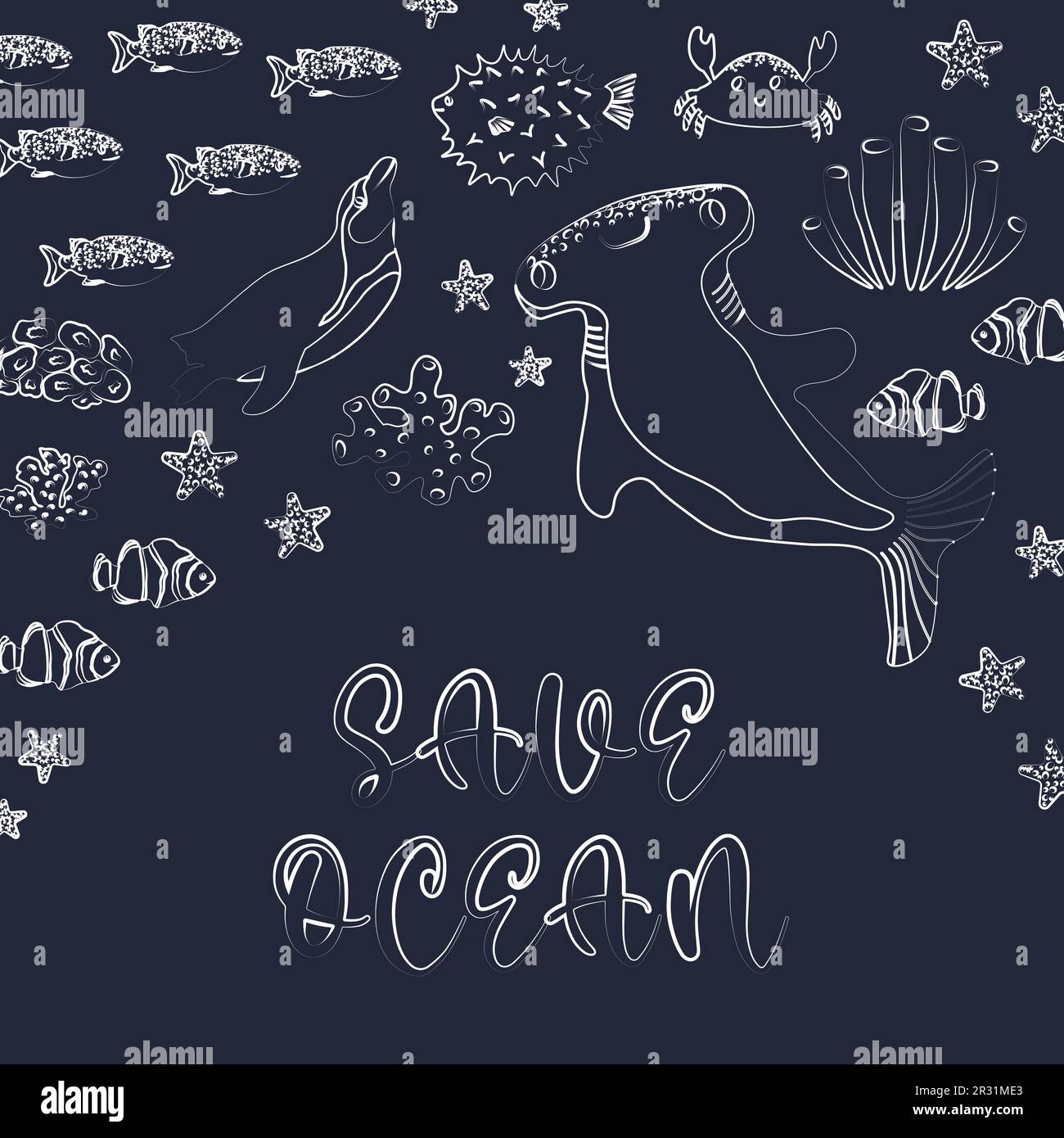 Vector ocean illustration with penguin, hammerhead fish,corals .Save ...