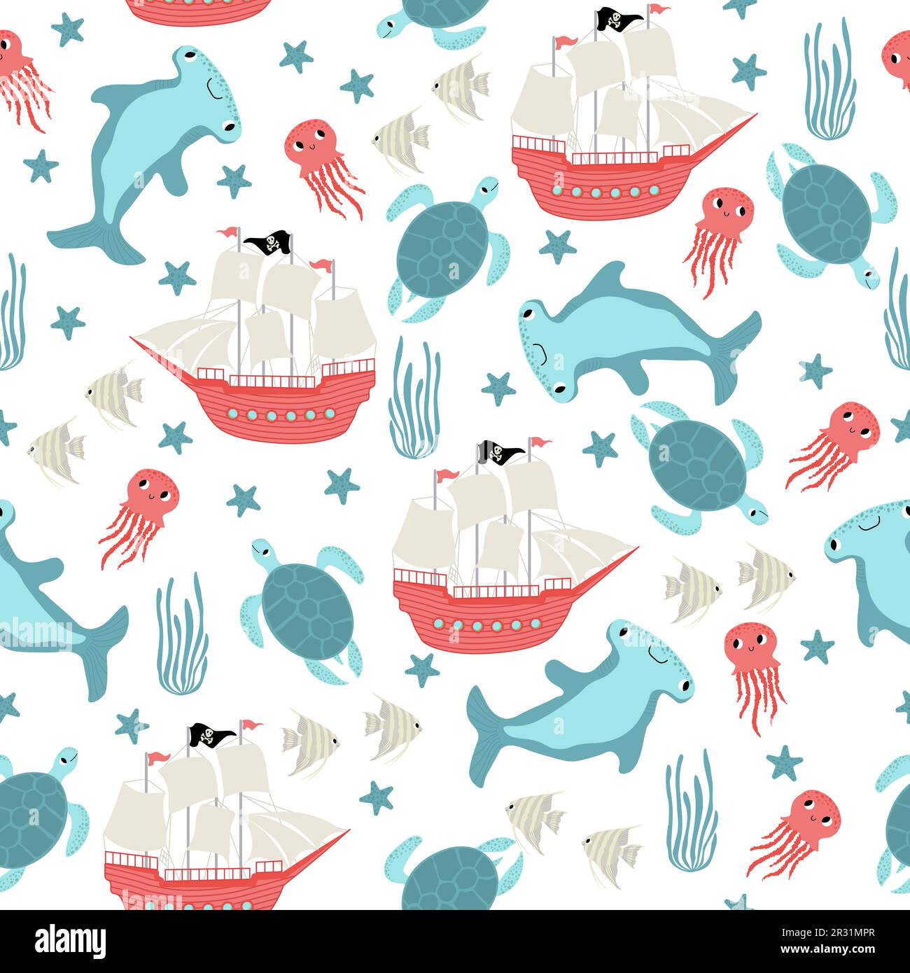 Vector seamless pattern with ship hammerhead fish,turtle,starfish ...