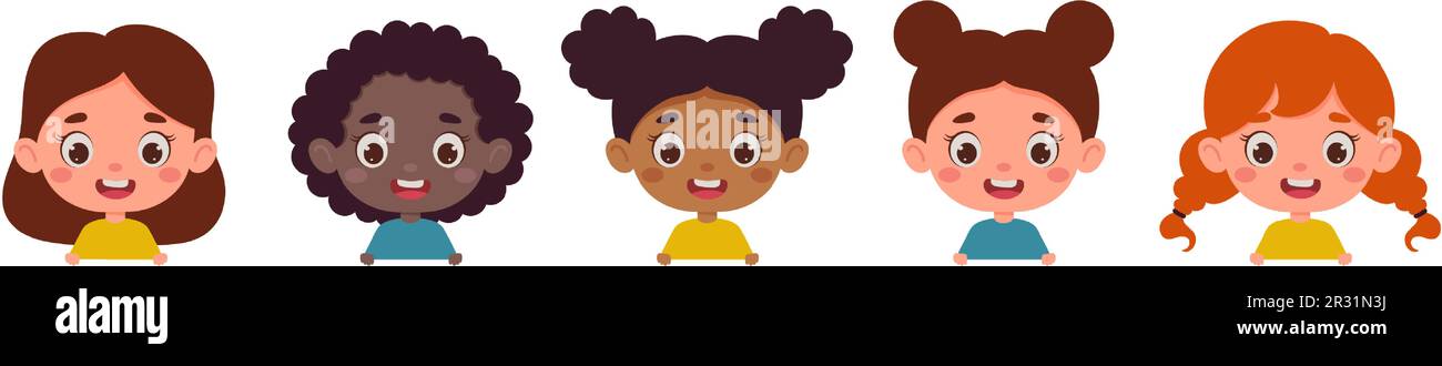 Set of multicultural kid girl heads. Children peeking out. Cartoon ...