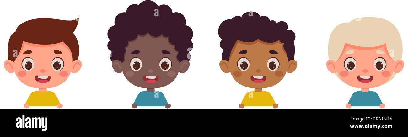 Set of multicultural kid boy heads. Children peeking out. Cartoon child ...