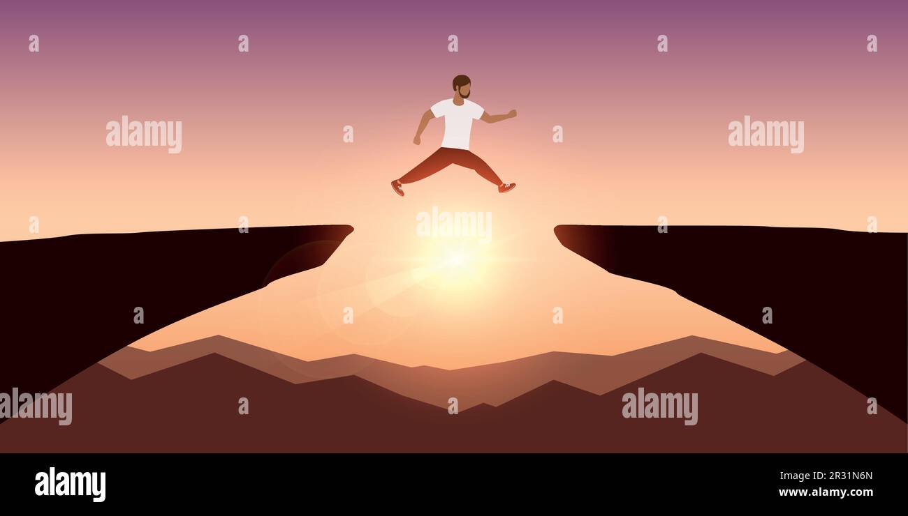 sporty man successful jumping over a cliff on mountain landscape Stock ...