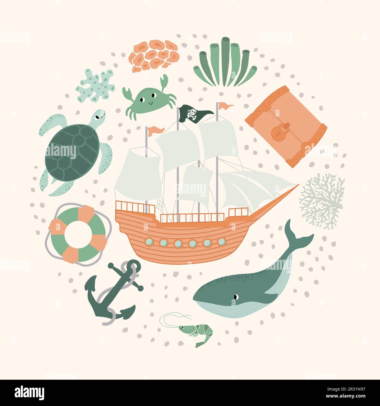 Vector ocean illustration with ship,whale,treasure chest,turtle,anchor ...