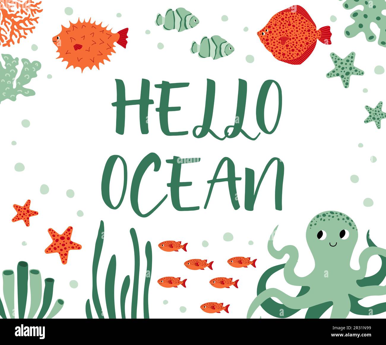 Vector ocean illustration with octopus,flounder,clown fish,starfish ...