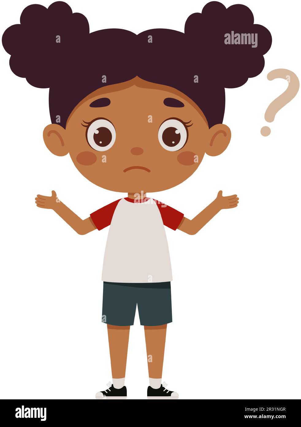 Cute little kid girl confused with question mark. Cartoon schoolgirl ...