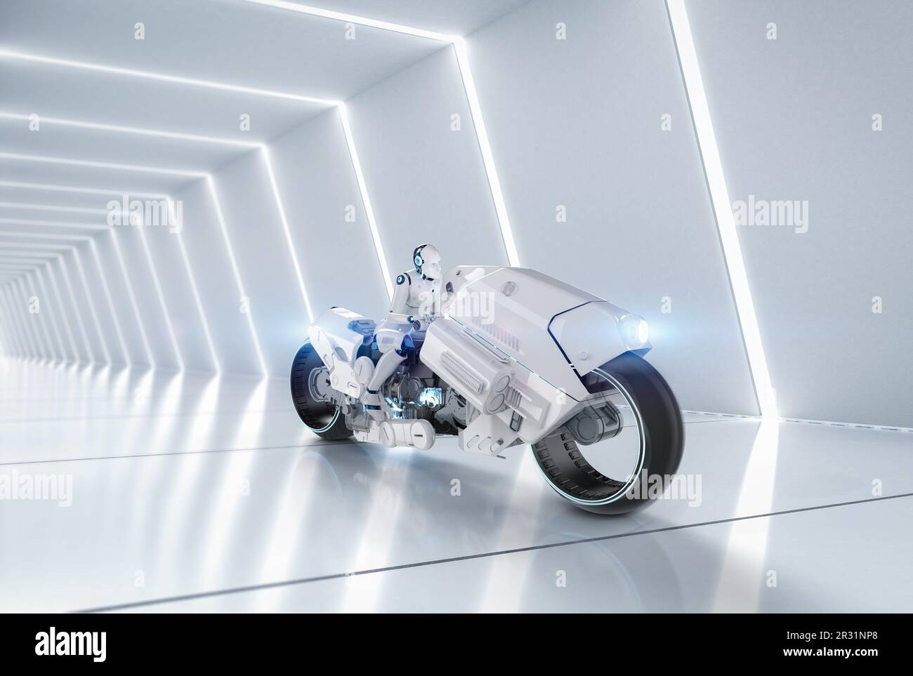 Racing technology with 3d rendering robot riding on motorbike with ...