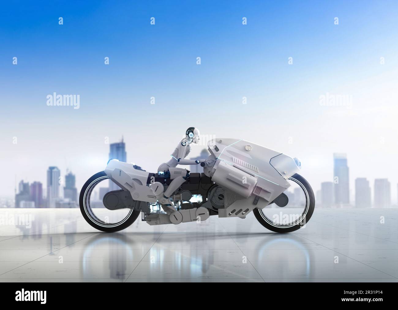 Racing technology with 3d rendering robot riding on motorbike with ...