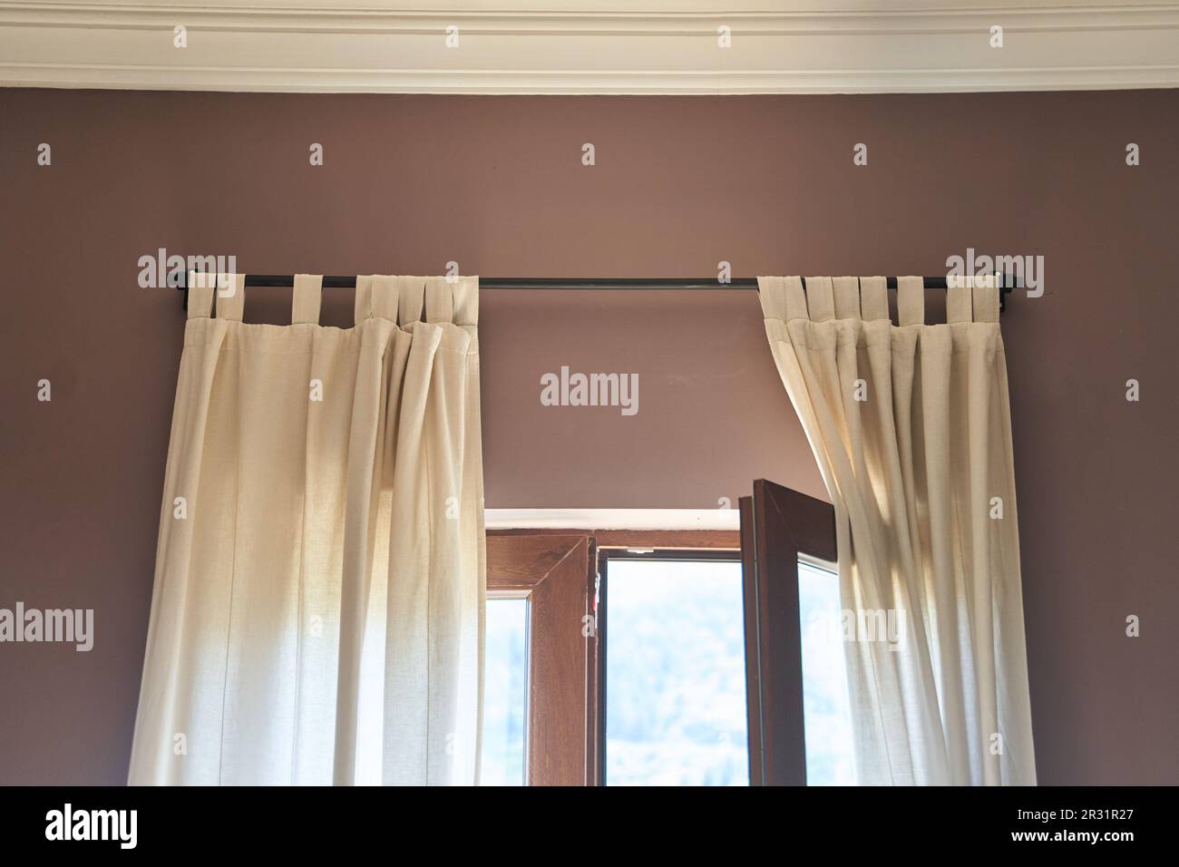 Pink wall with part of an open window and light curtains Stock Photo ...