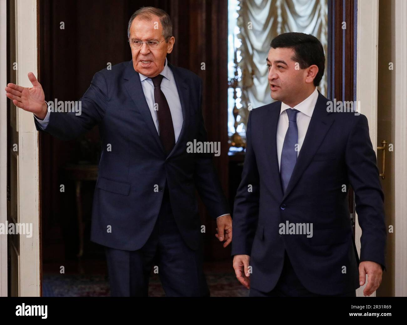 Russian Foreign Minister Sergey Lavrov, left, welcomes Uzbekistan's ...