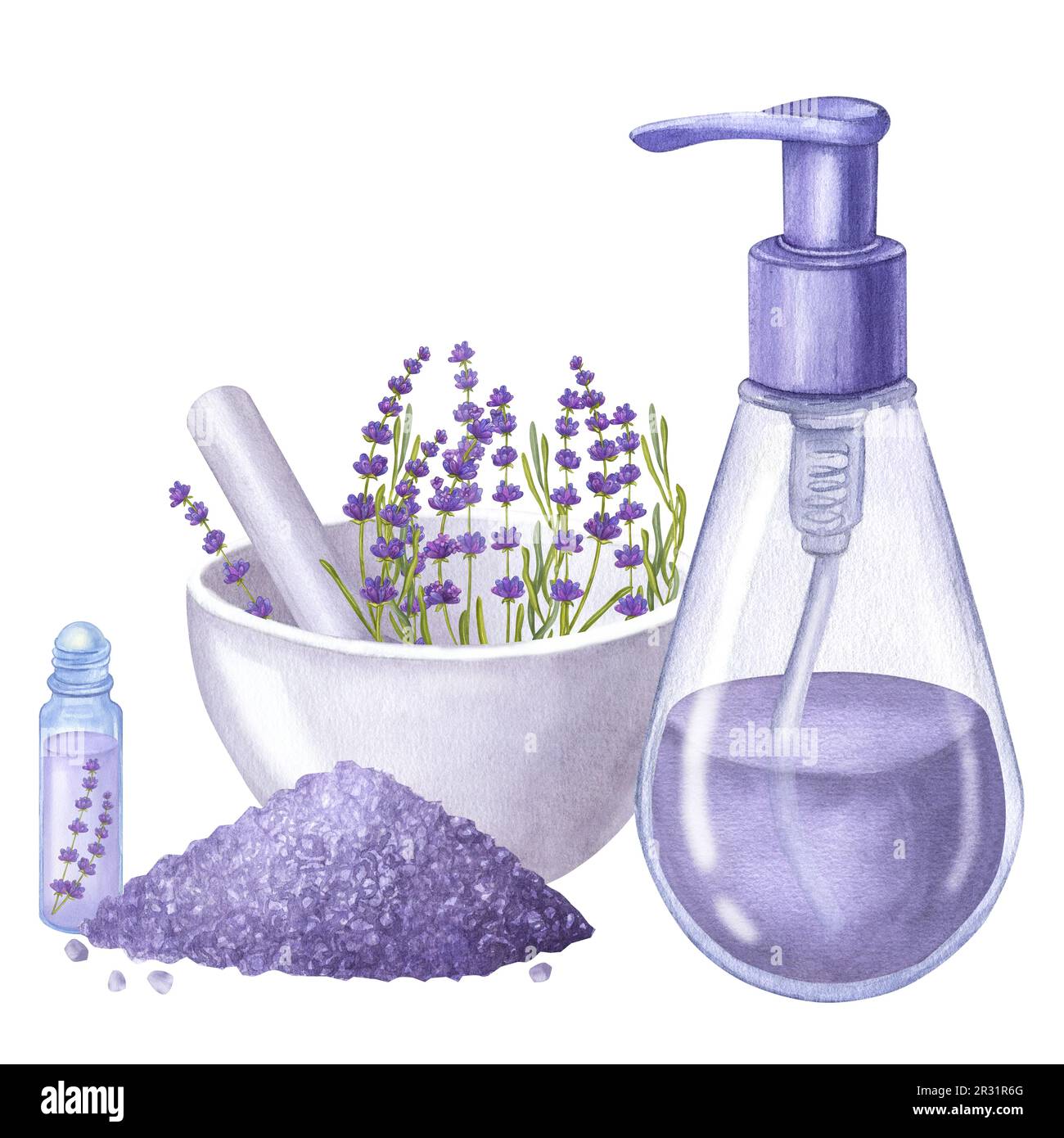 Bowl and pestle with sea salt. Dispenser, roll-on bottle lavender ...