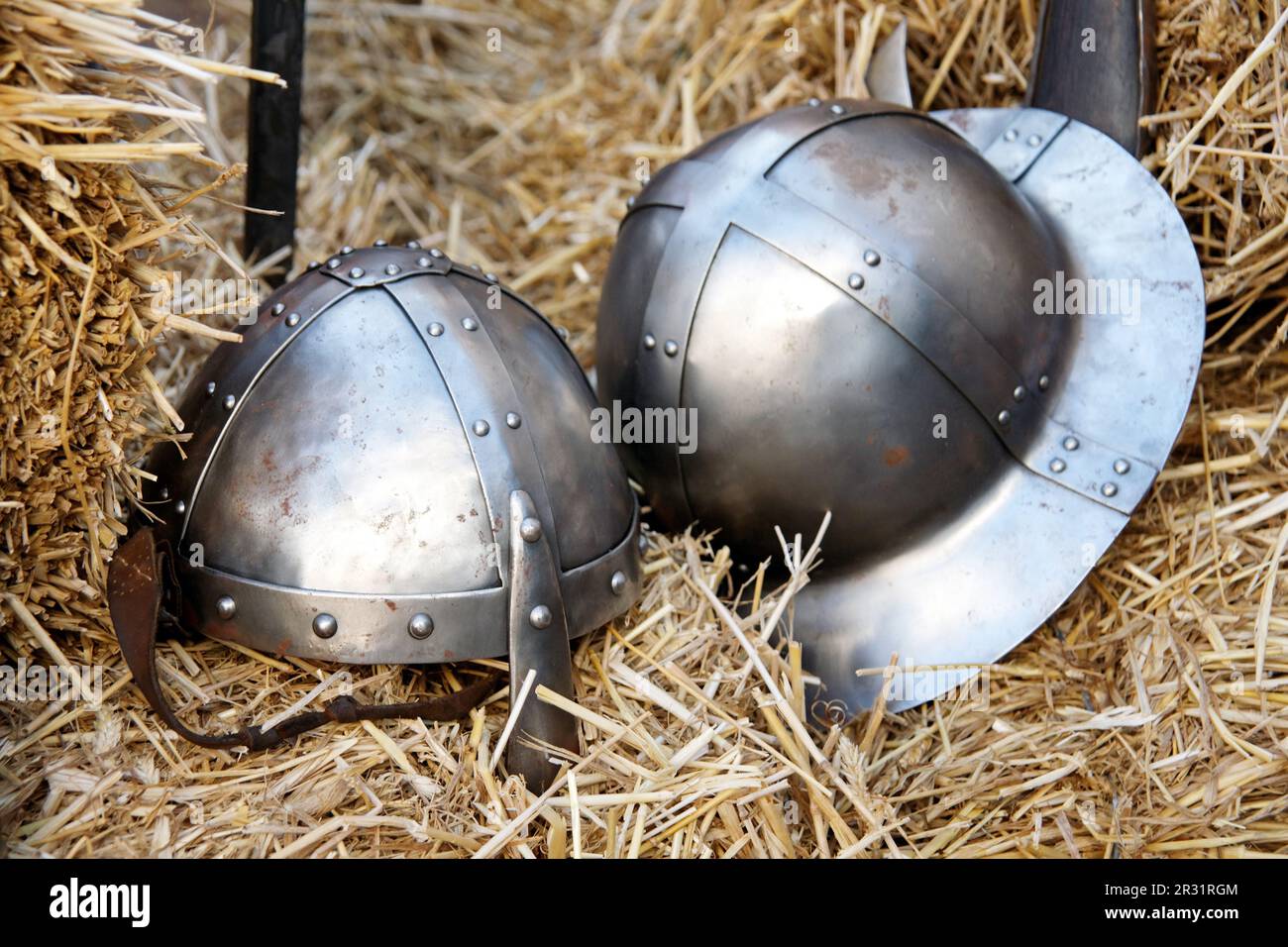 Medieval head helmets Stock Photo - Alamy