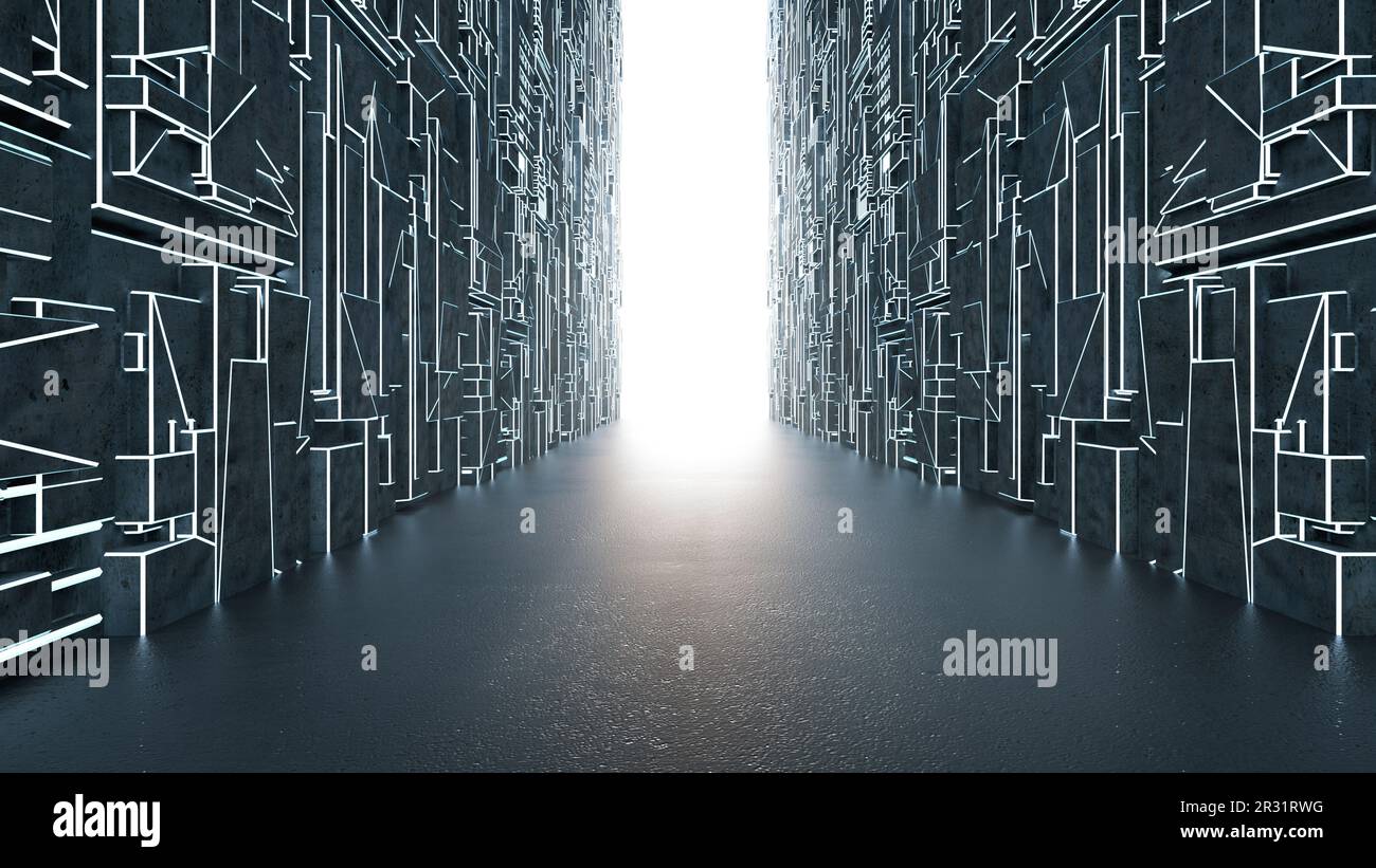 3d rendering narrow and empty corridor or walkway space with shining ...