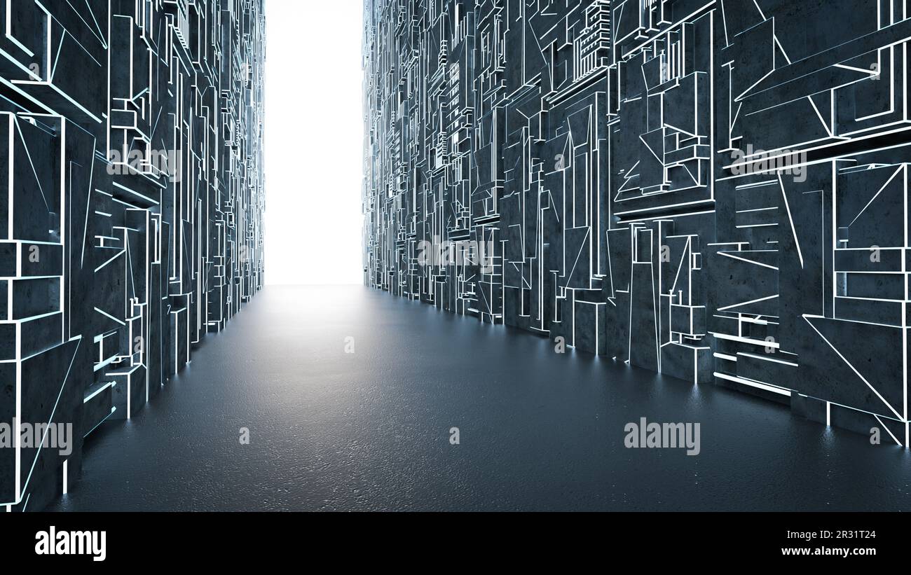 3d rendering narrow and empty corridor or walkway space with shining ...