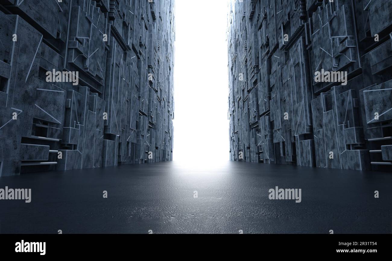 3d rendering narrow and empty corridor or walkway space with shining ...