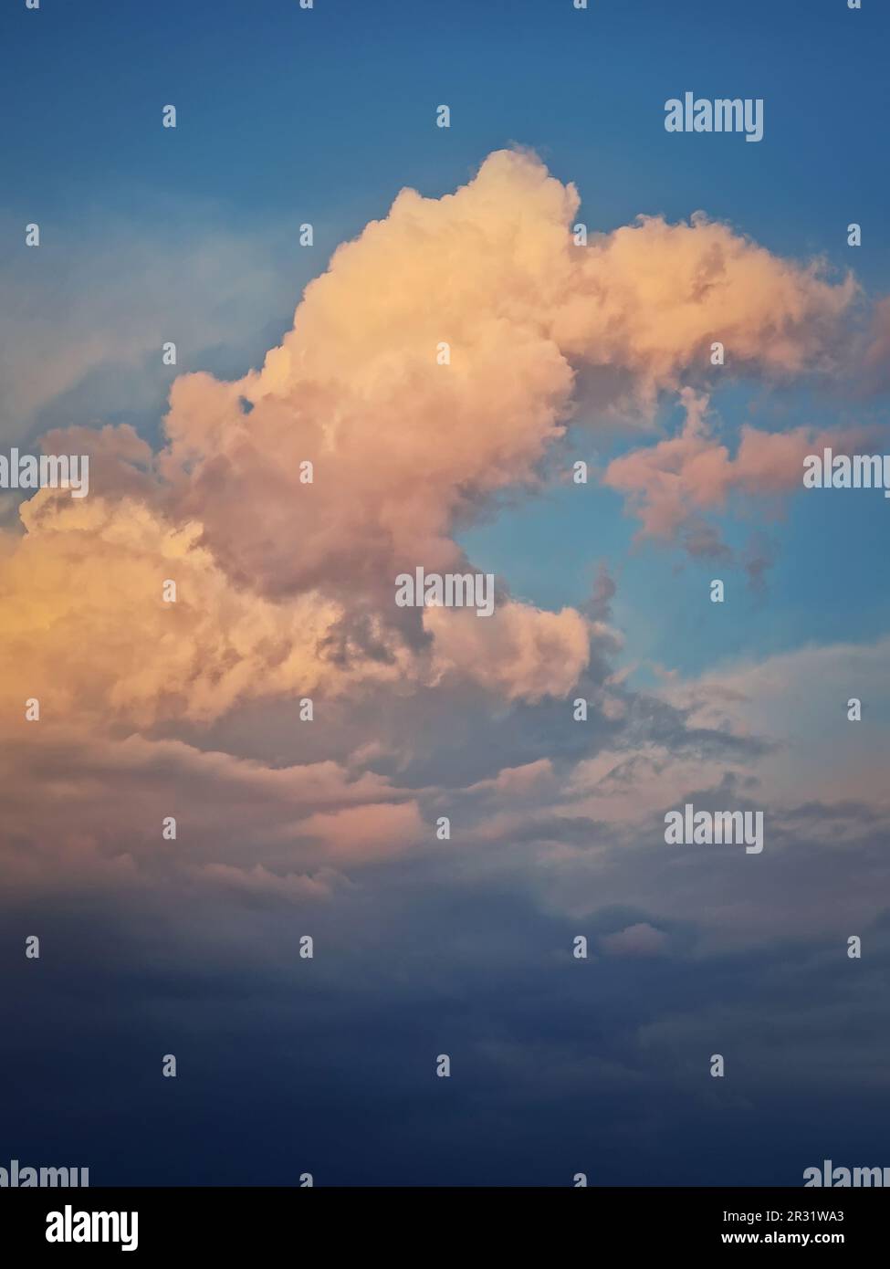 Sunlit cumulus storm clouds, pink and golden sunset light. Dreamy sky, vertical celestial ...