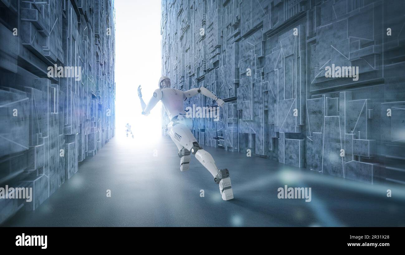 Fast speed technology concept with 3d rendering robot running through ...