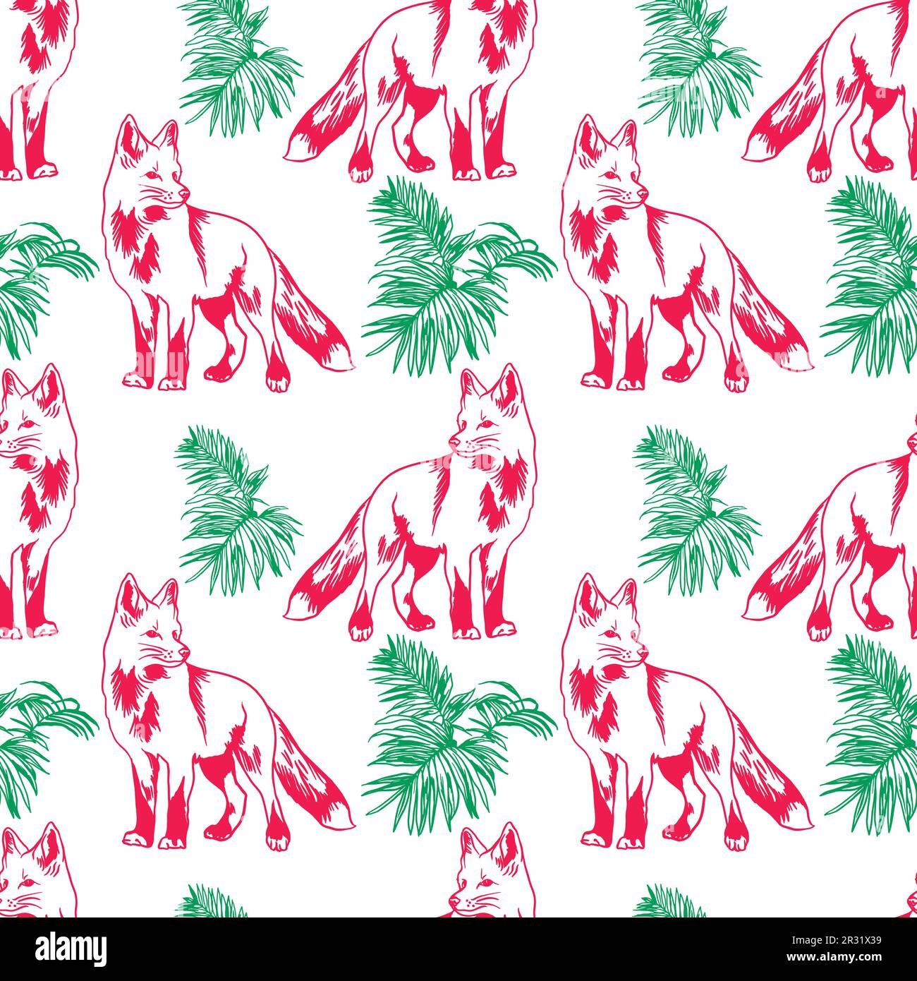 Seamless pattern with the image of a fox and a plant. Vector ...