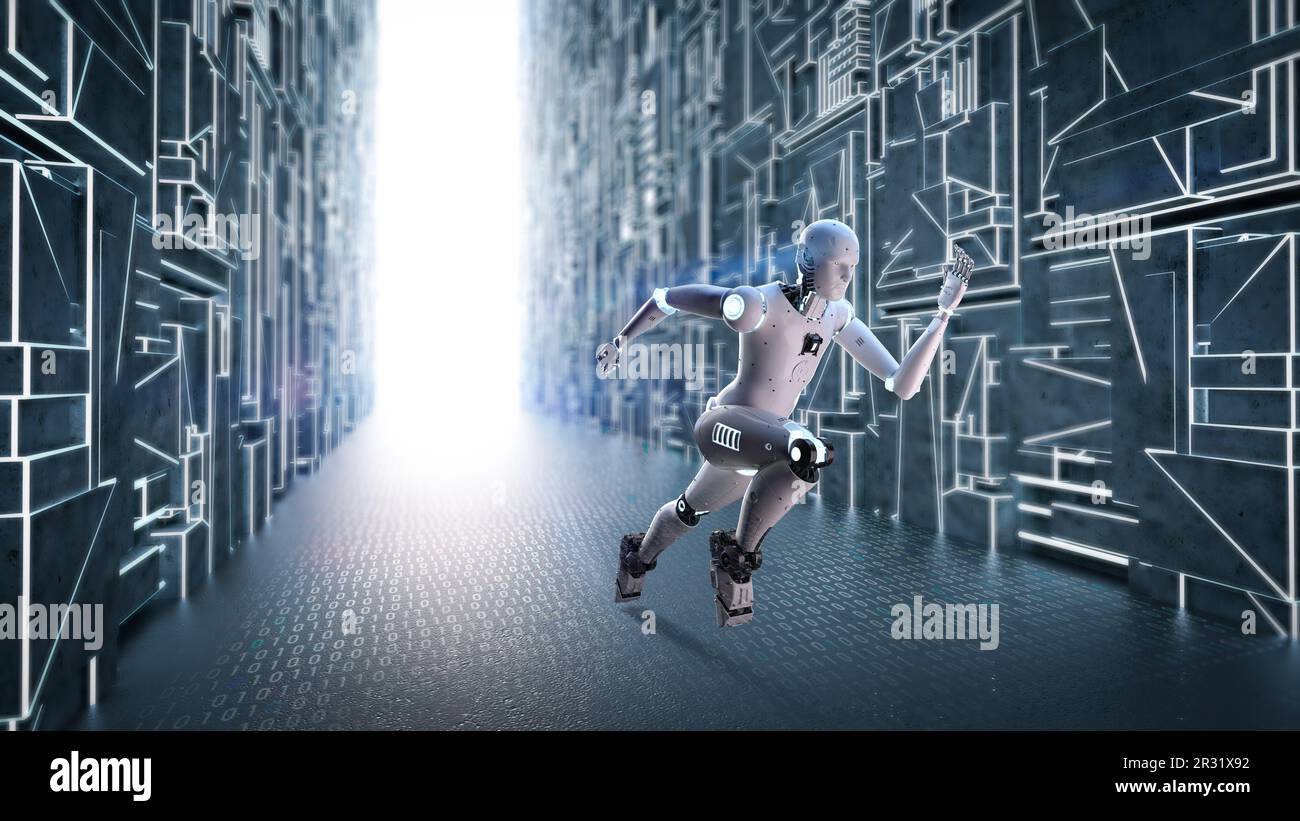 Fast speed technology concept with 3d rendering robot running through ...