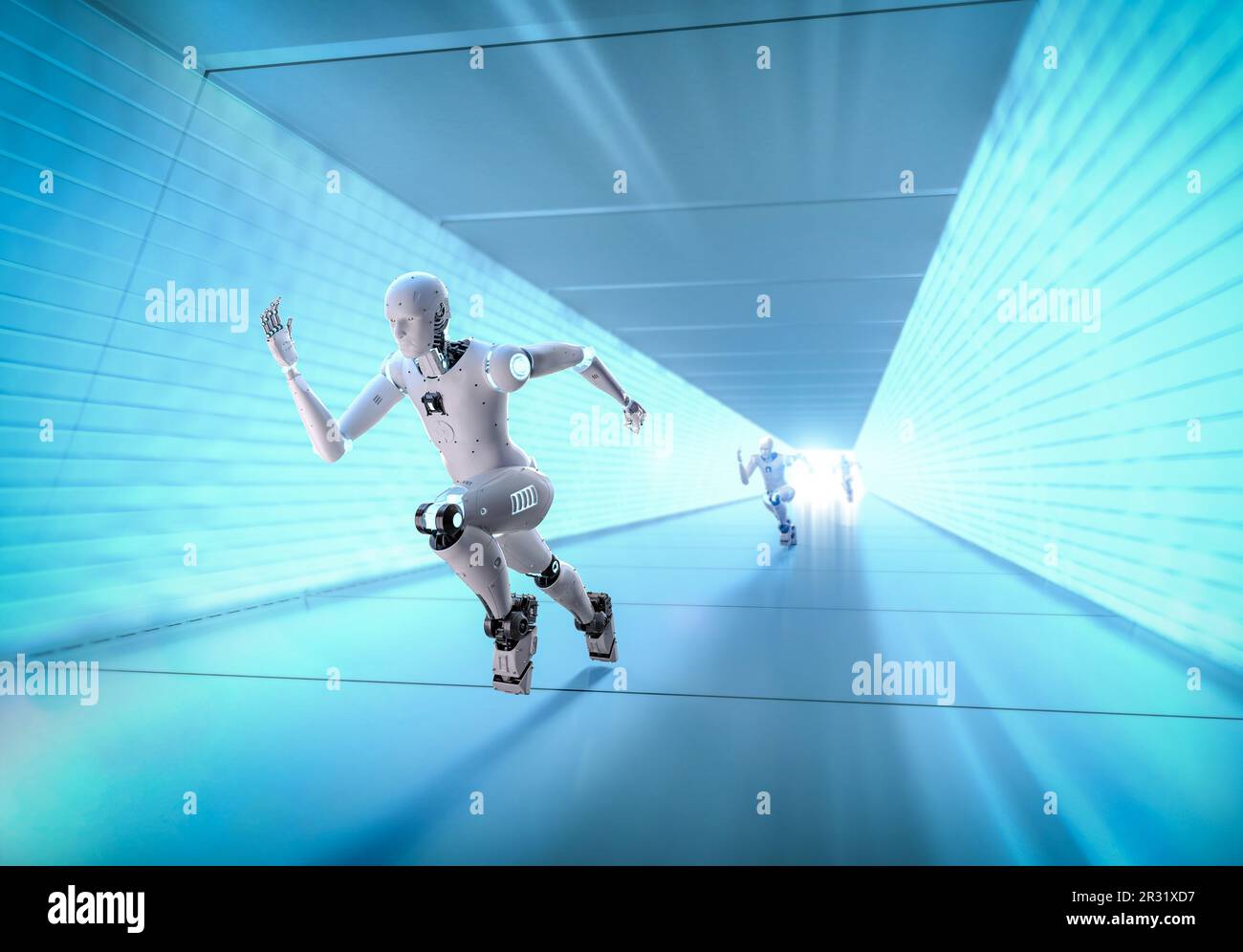 Fast speed technology concept with 3d rendering robot running through ...