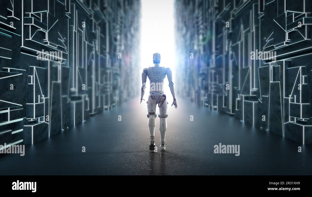 Technology improvement concept with 3d rendering robot move forward ...