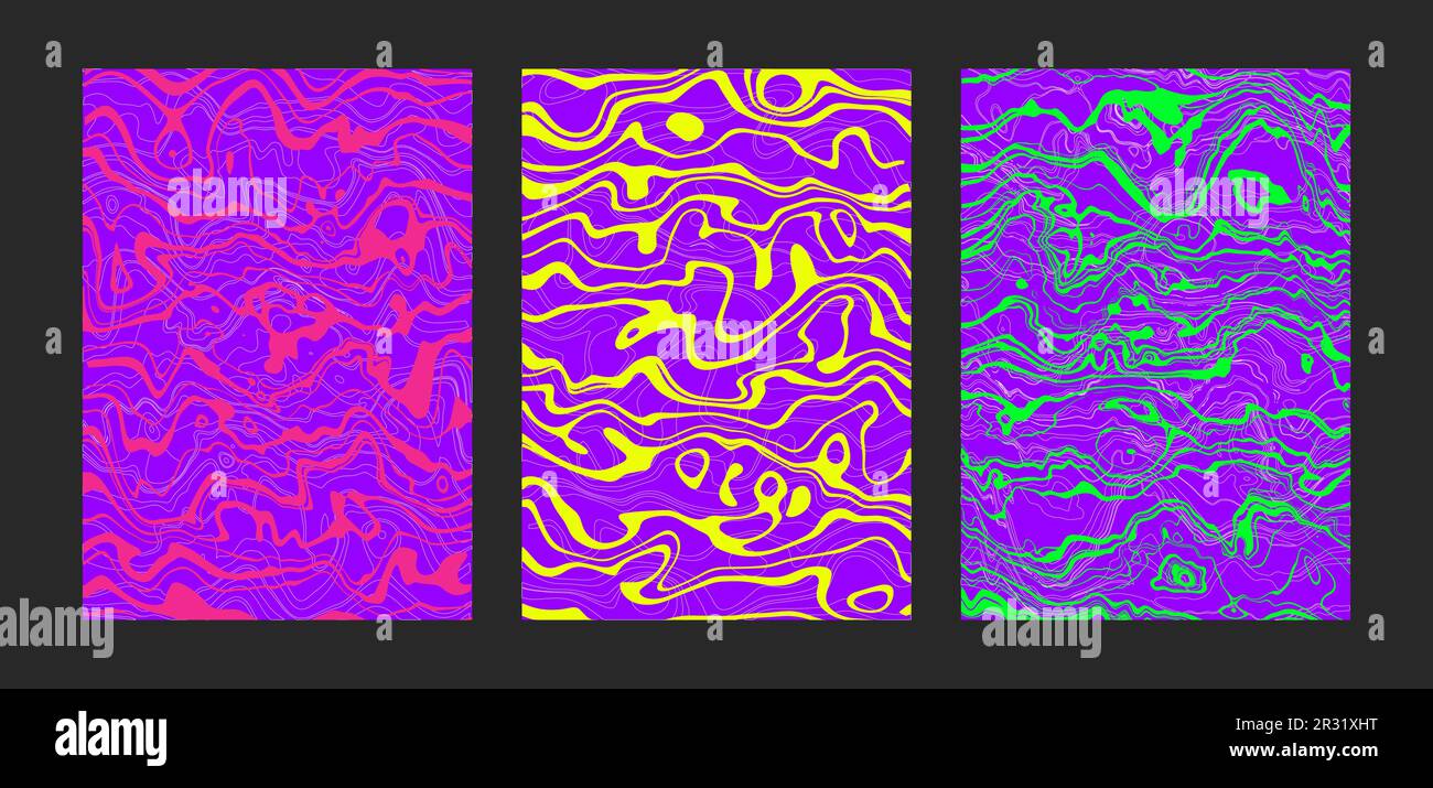 Psychedelic wavy posters set. Trippy groovy abstract backgrounds on ...