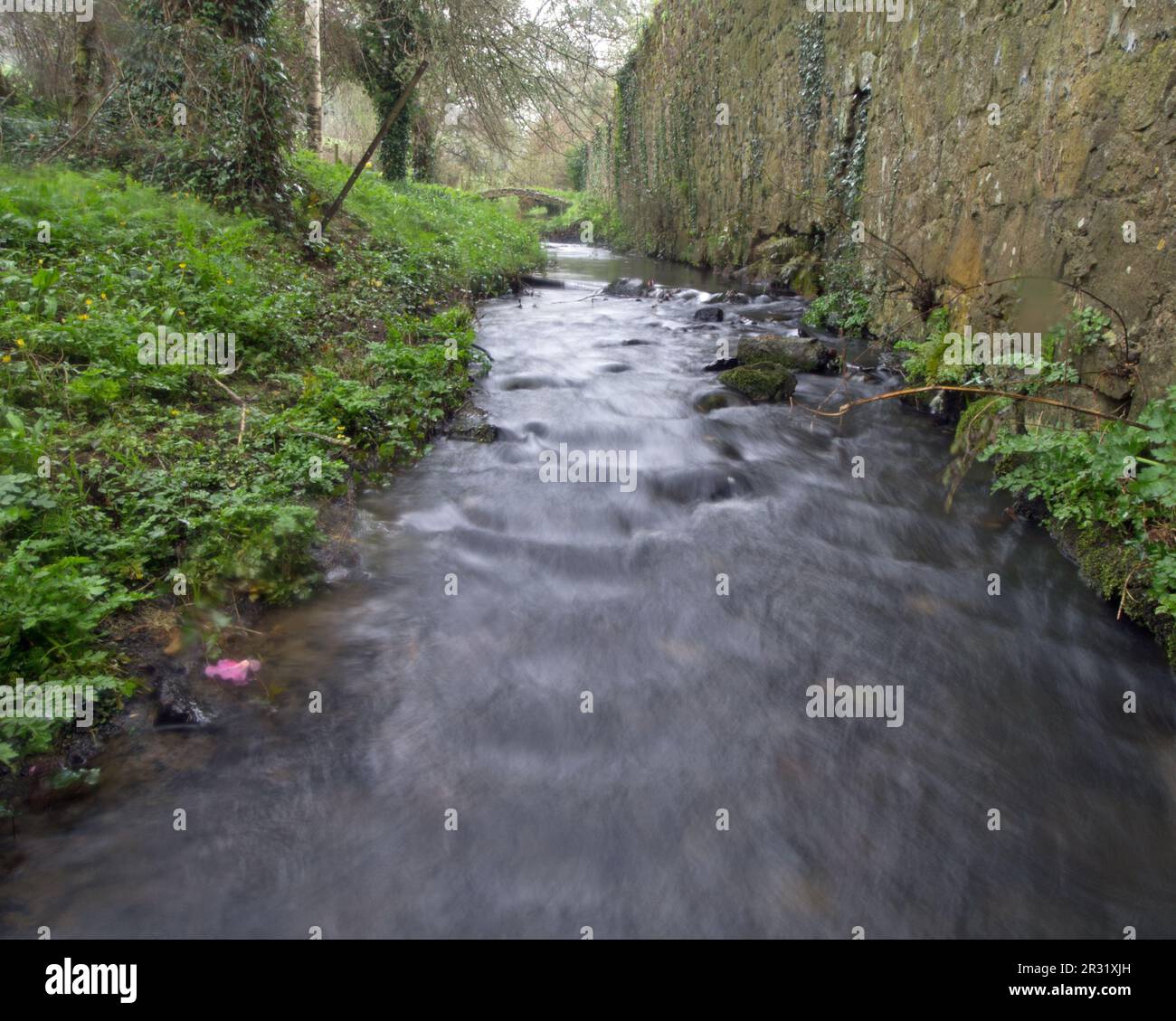 small brook running next to a wall with wildflowers and a foot bridge ...