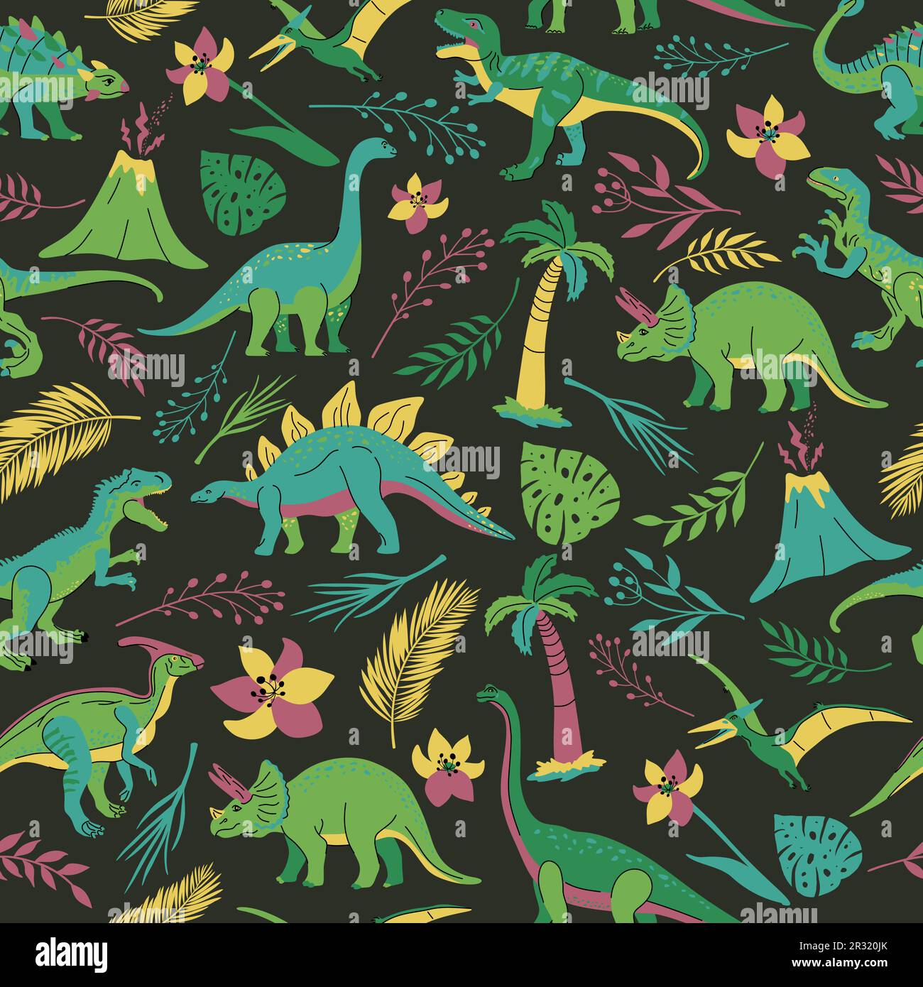 Seamless pattern with bright dinosaurs and green plants including T-rex ...