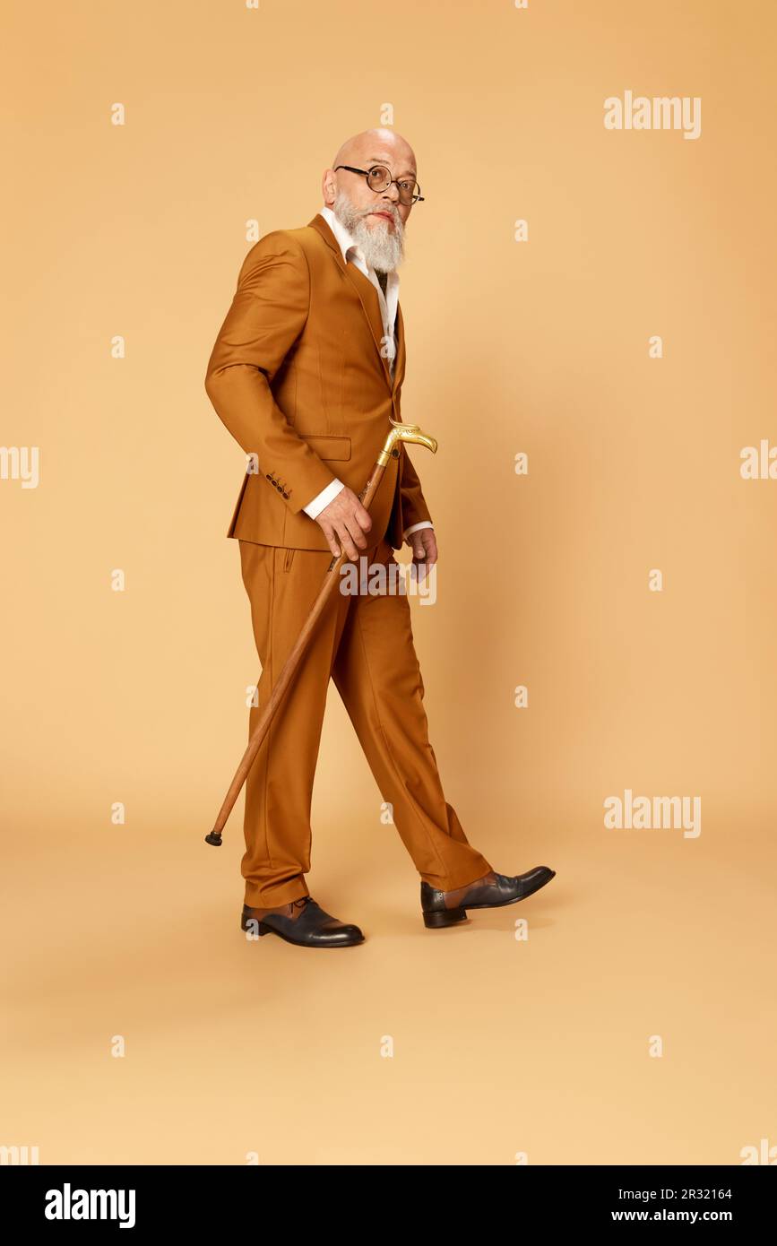 Portrait of serious, bearded, mature, bald man in elegant, classical ...