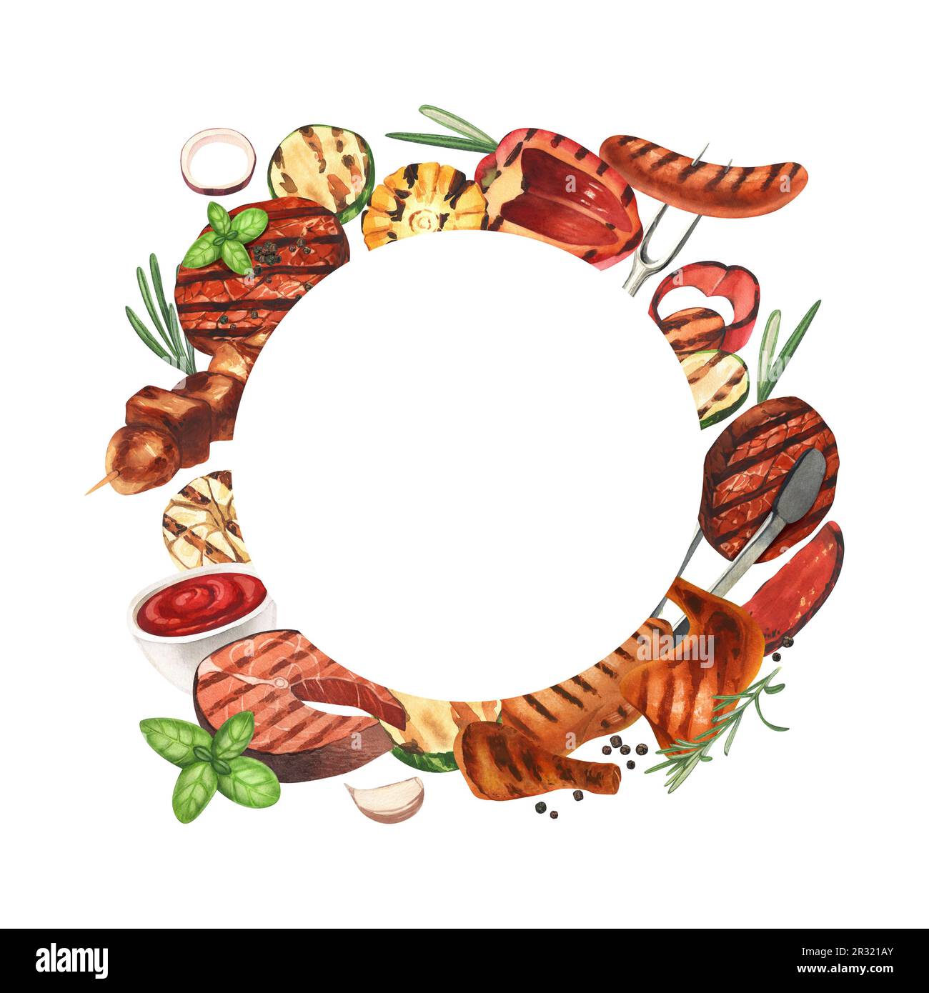 Watercolor round frame barbecue. Elements for cooking bbq - grill ...