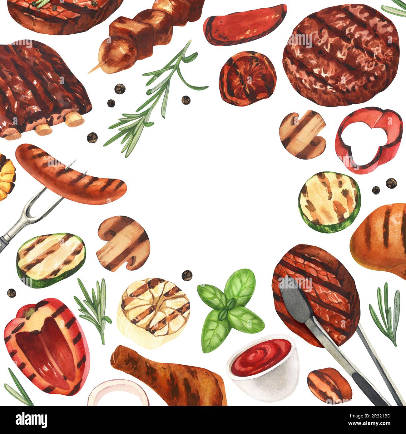 Watercolor frame barbecue. Elements for cooking bbq - grill, chicken ...