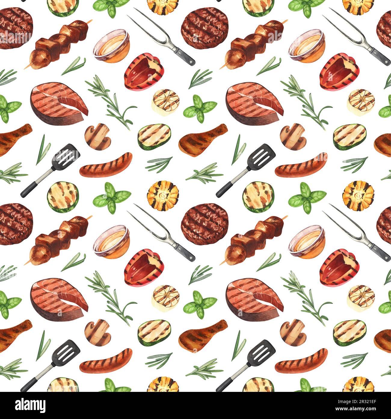 Watercolor seamless pattern barbecue. Elements for cooking bbq - grill ...