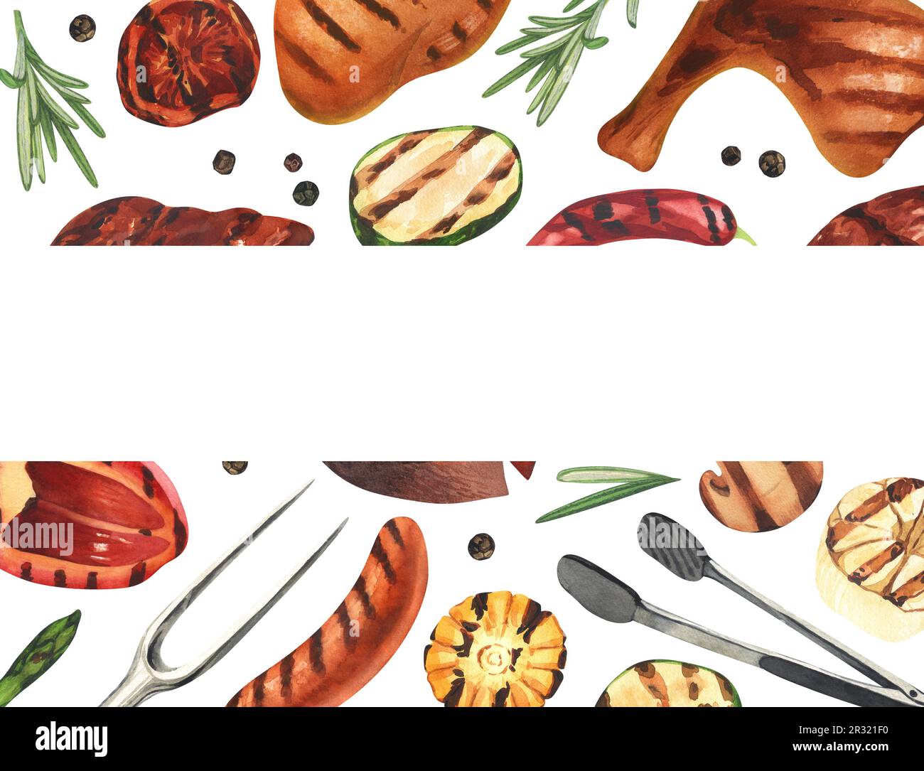 Watercolor frame barbecue. Elements for cooking bbq - grill, chicken ...