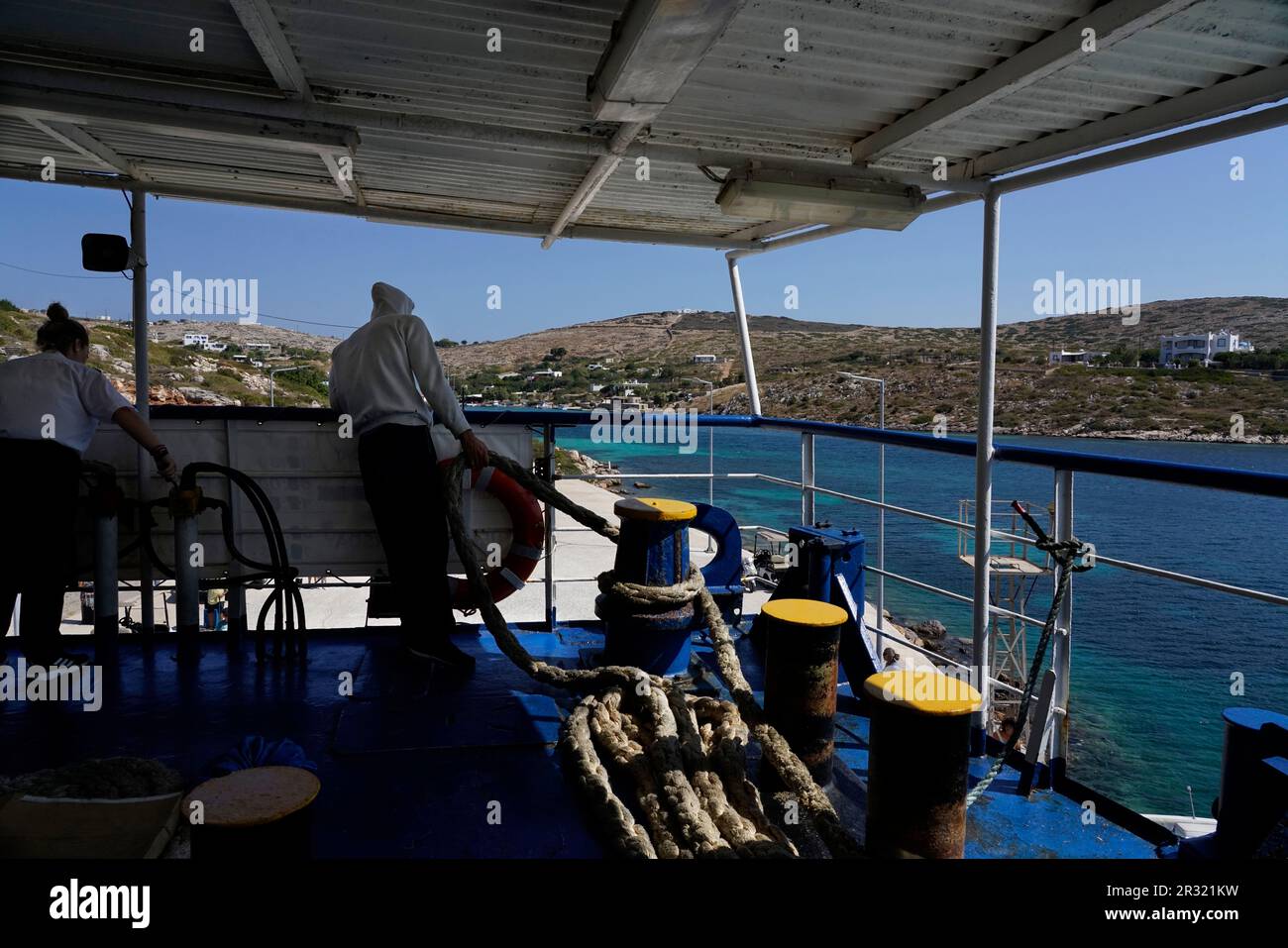 Landing maneuvers at the port of Arkoi, Nisos Kalymnos ship, island ...