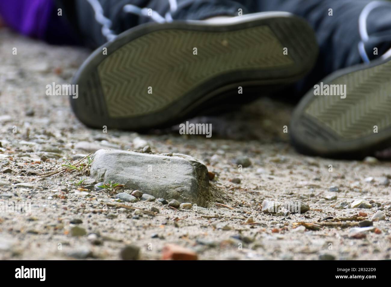 Ein junger Mann ist ueber einen Stein gestolpert, der aus einem Kiesweg ... Ein junger Mann ist ueber einen Stein gestolpert, der aus einem Kiesweg ...