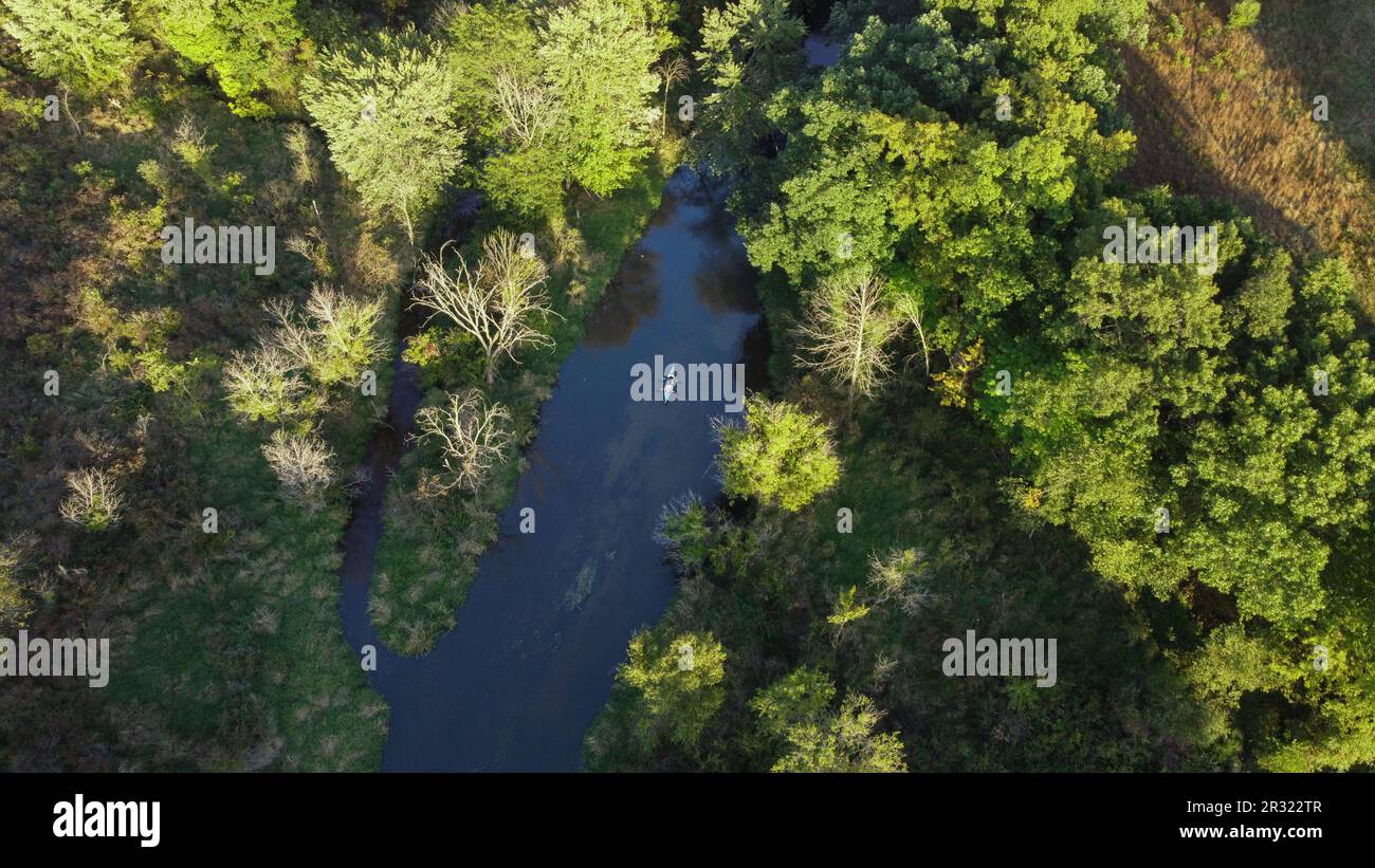 Drone's-eye view: Canoe gliding along a winding river, embraced by lush ...