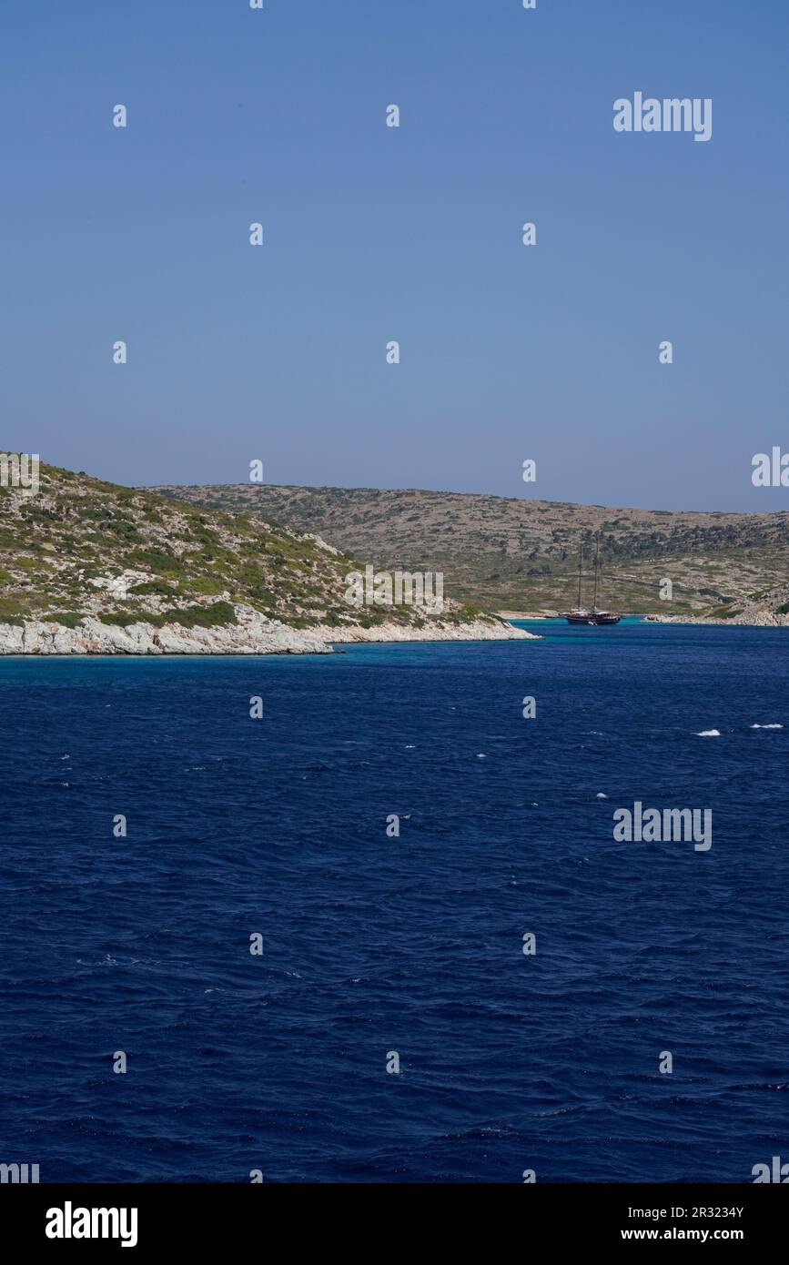 Bay and coast of Arkoi island, Tiganakia Beach, Southern Aegean Sea ...