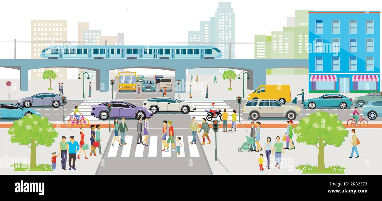 Urban silhouette of a big city with traffic and pedestrians, panorama ...