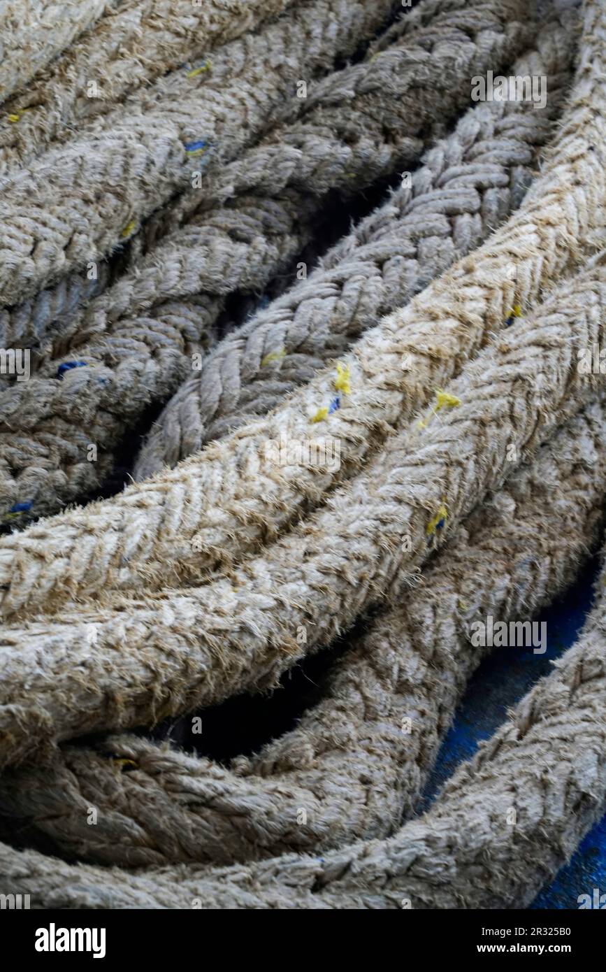 Mooring ropes, Nissos Kalymnos ship, Southern Aegean Sea, Dodecanese ...
