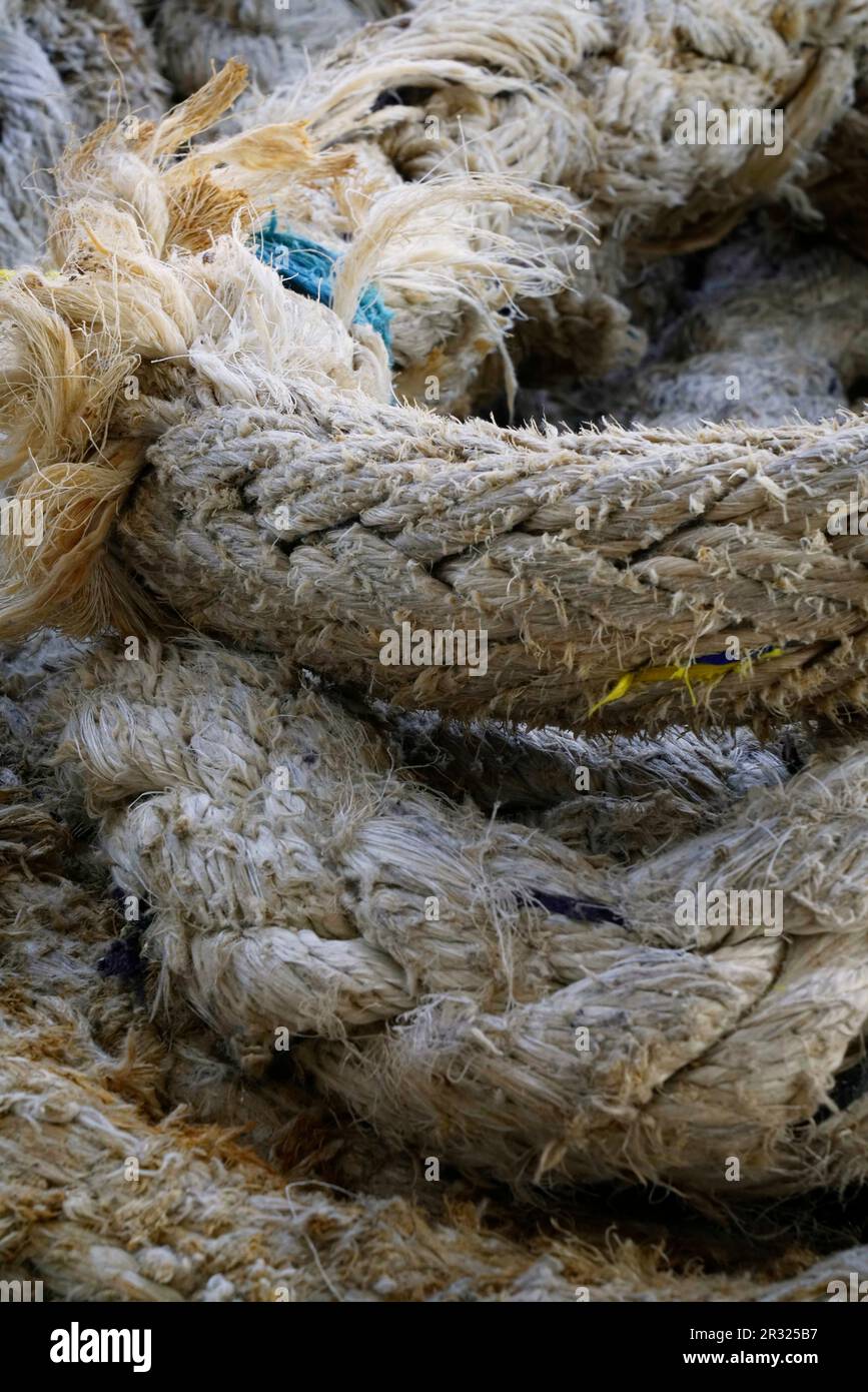 Mooring ropes, Nissos Kalymnos ship, Southern Aegean Sea, Dodecanese ...