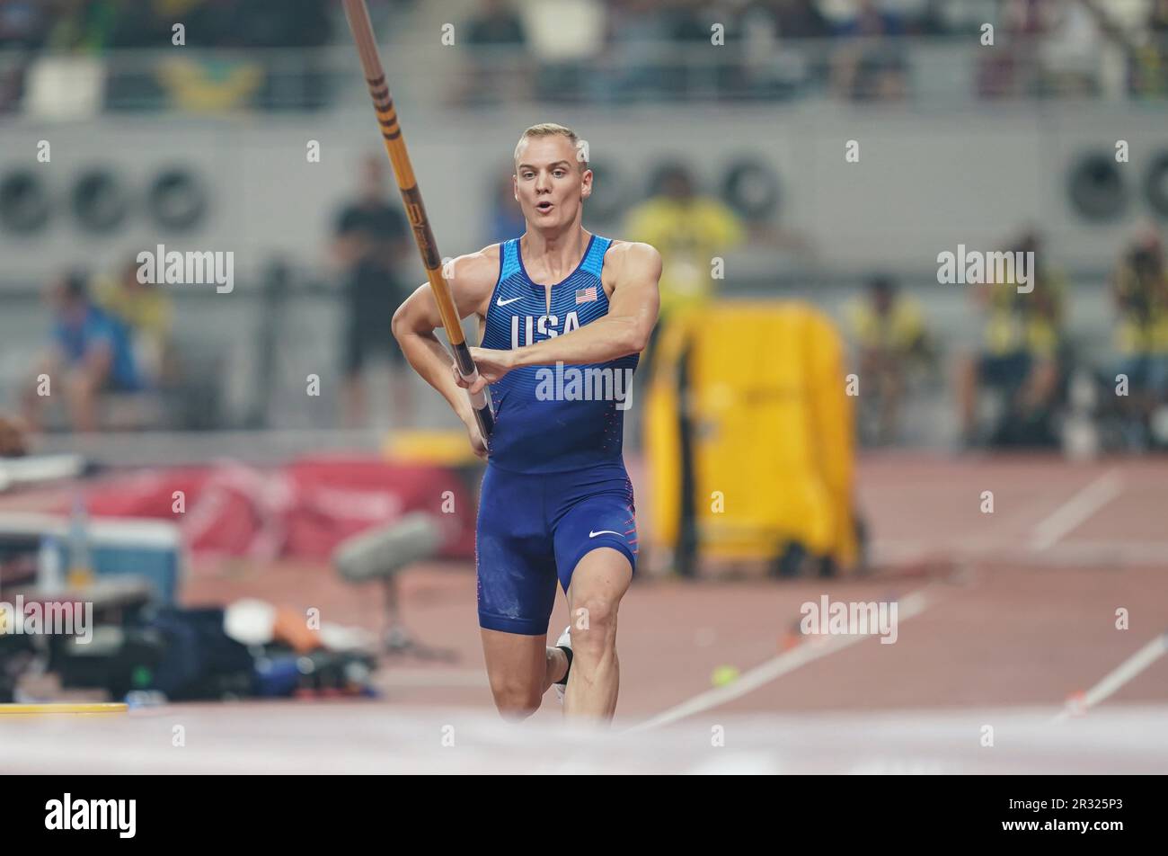 Sam Kendricks participating in the pole vault at the Doha 2019 World ...