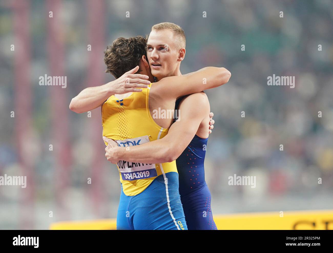 Sam Kendricks participating in the pole vault at the Doha 2019 World ...