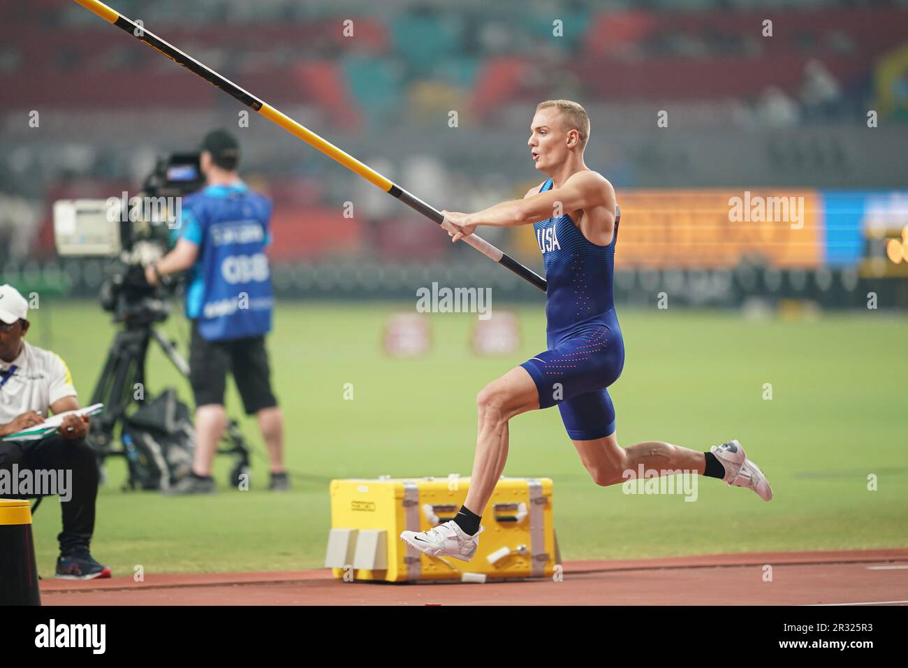 Sam Kendricks participating in the pole vault at the Doha 2019 World ...