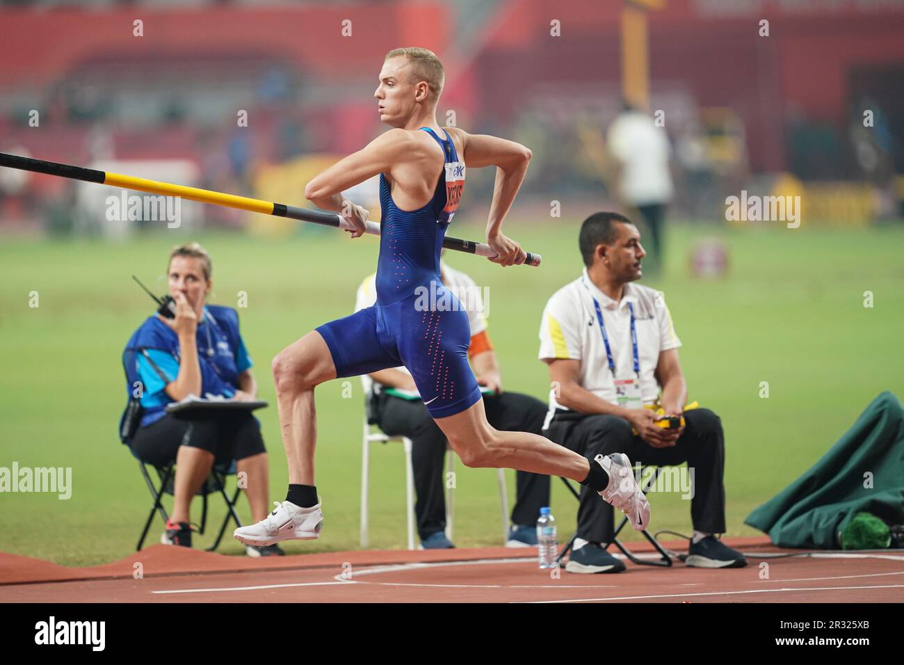 Sam Kendricks participating in the pole vault at the Doha 2019 World ...