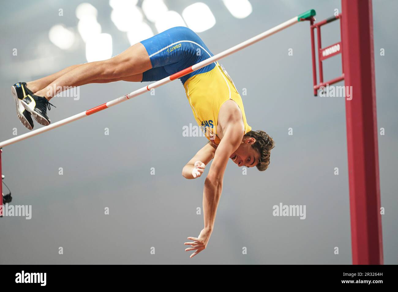 Armand Duplantis participating in the pole vault at the Doha 2019 World ...