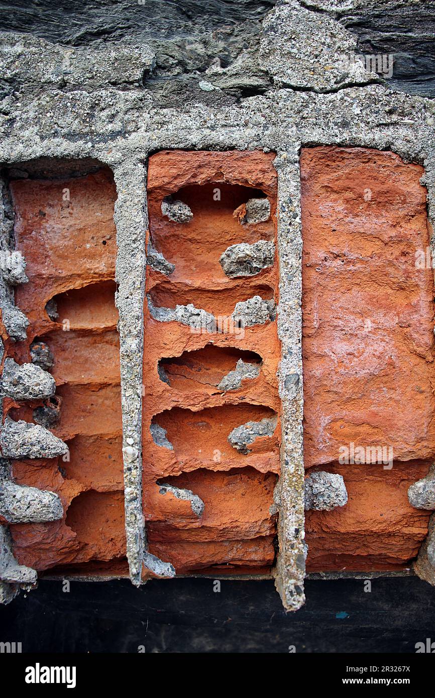 traditional Cornish wall building material worn away by the salt water ...