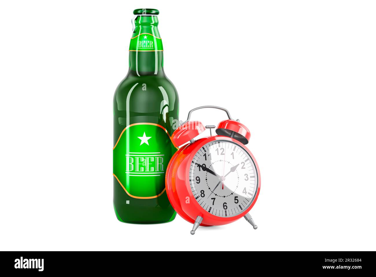 Beer bottle with alarm clock, 3D rendering isolated on white background ...