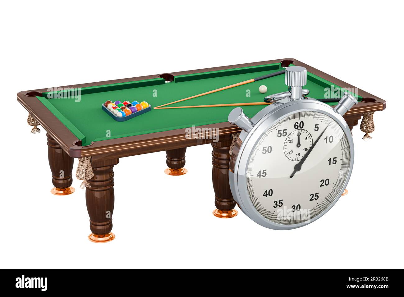 Billiard table with balls and cue with stopwatch, 3D rendering isolated ...