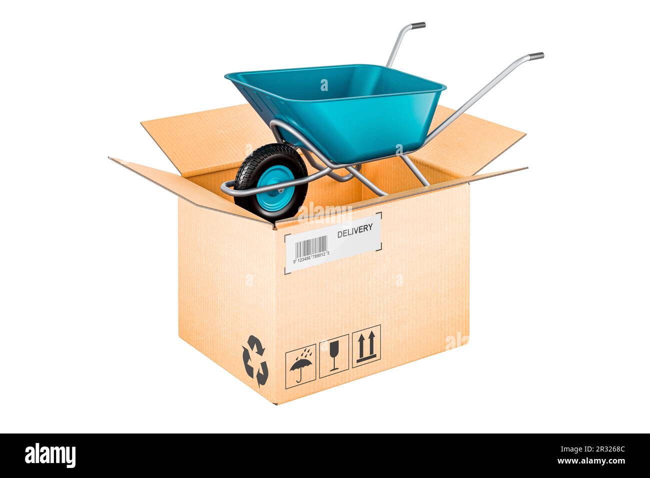 Garden wheelbarrow inside cardboard box, delivery concept, 3D rendering ...