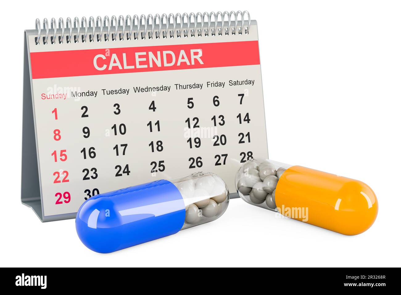 Medicament capsules with desk calendar, 3D rendering isolated on white ...