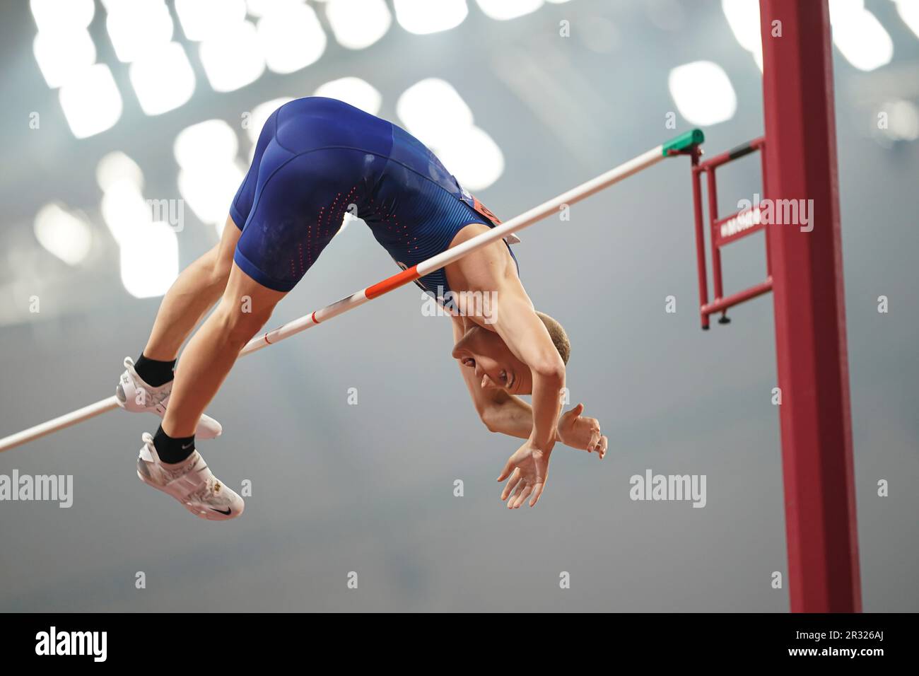 Sam Kendricks participating in the pole vault at the Doha 2019 World ...